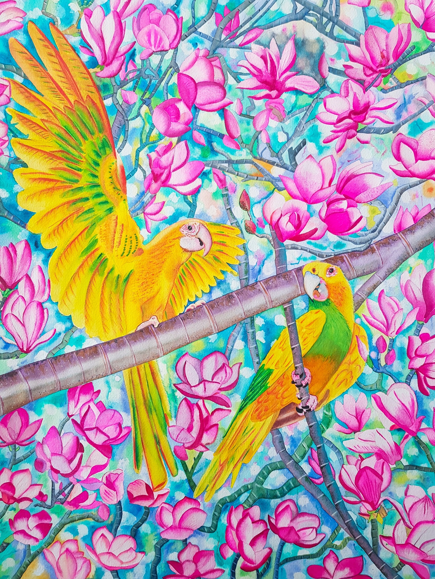 Golden Conure with Magnolia - Flowers and Birds Series - Artchic